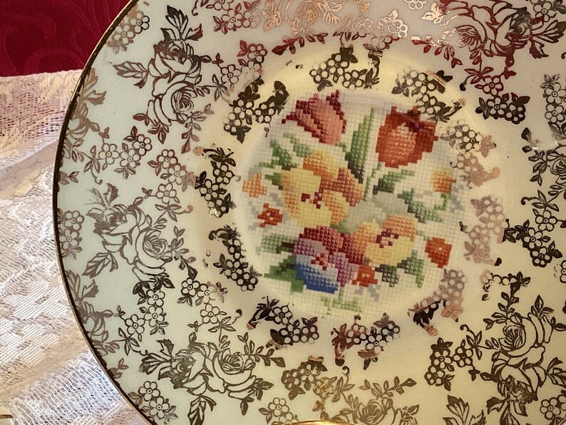 Petit Point Design With Flowers and Gold Decorative Grapes Throughout ...