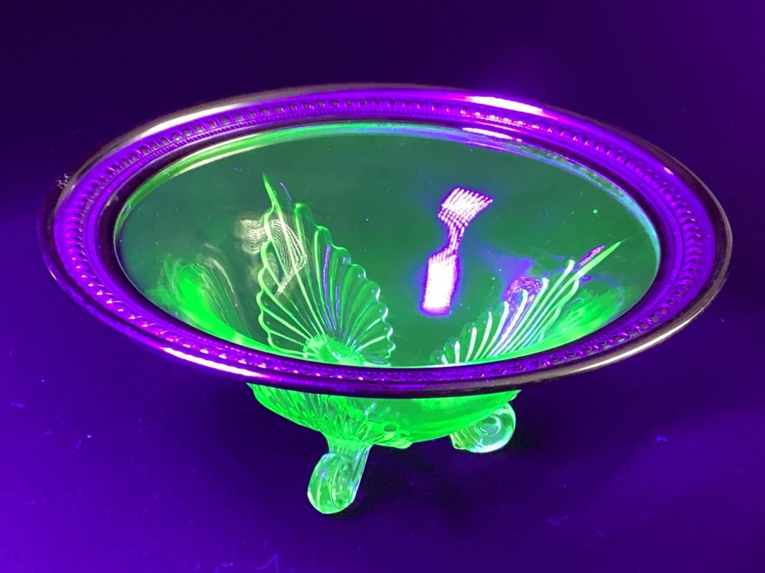 UV Uranium Vintage Display Candy Bowl With Silver Metal Rim and Footed ...