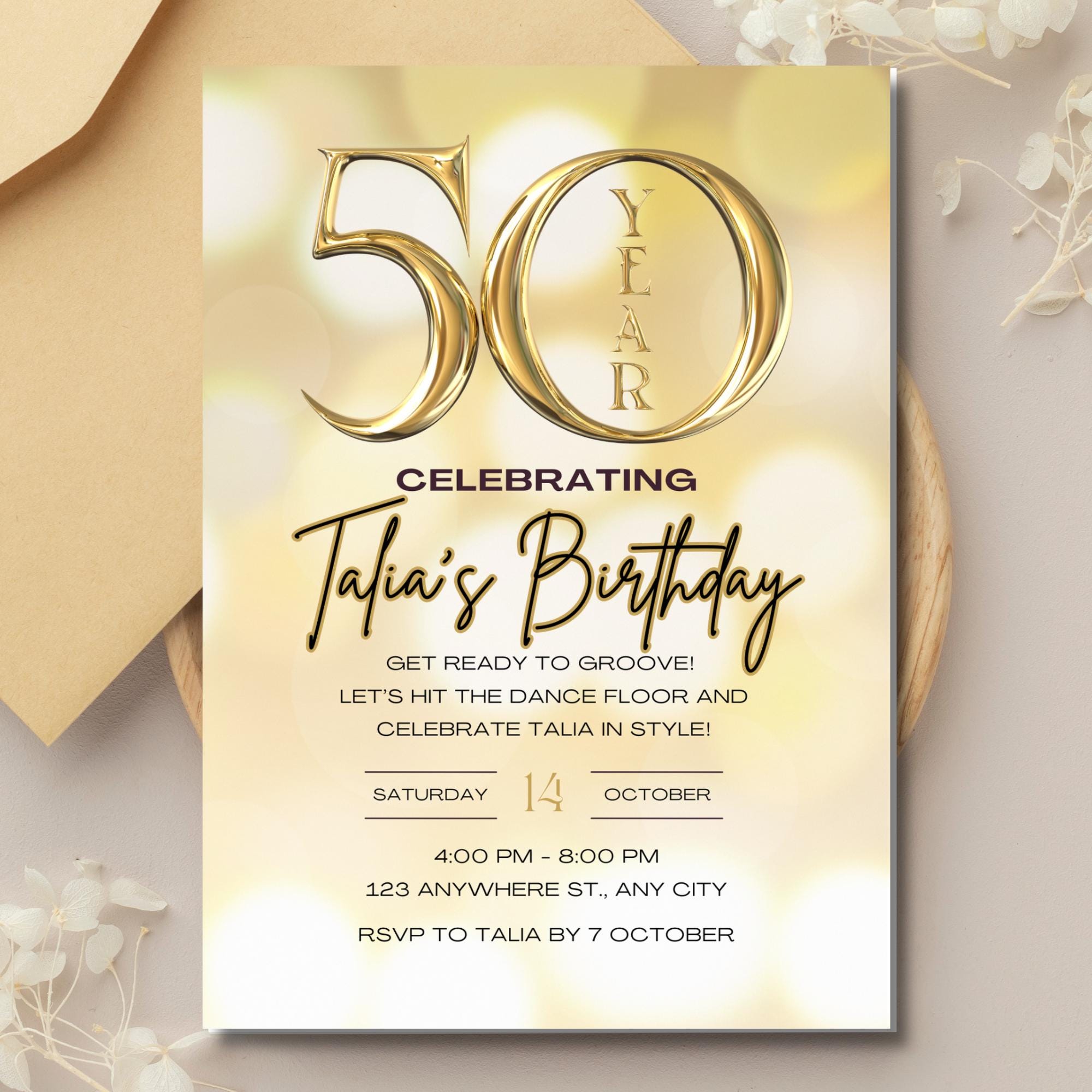 Gold 50th Birthday Invitations, Elegant Adult Party Invite, Editable ...