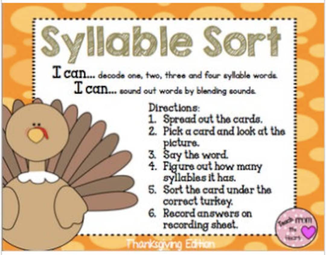 Syllable Sort (thanksgiving Edition) - Etsy