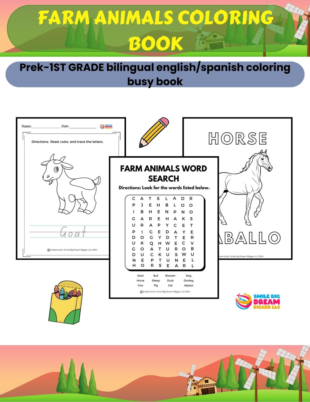 Kids English/spanish Farm Animals | Kids Summer Coloring Books | Farm ...