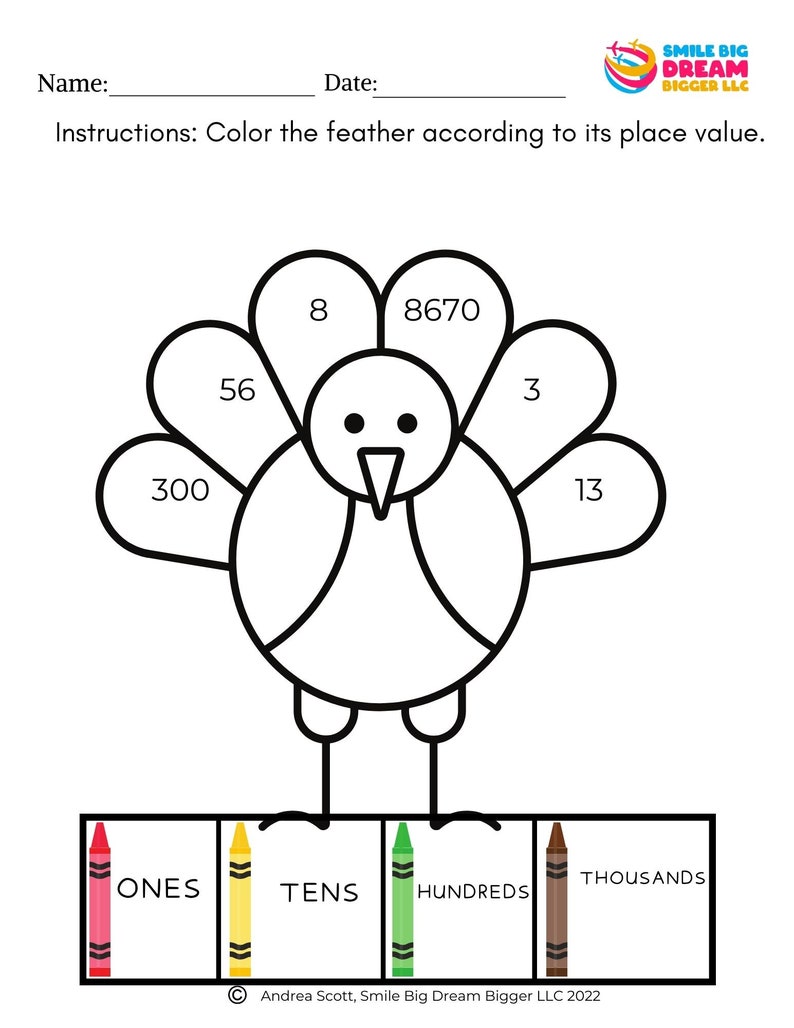 Thanksgiving Number Values Worksheet Coloring Math Worksheet Turkey ...