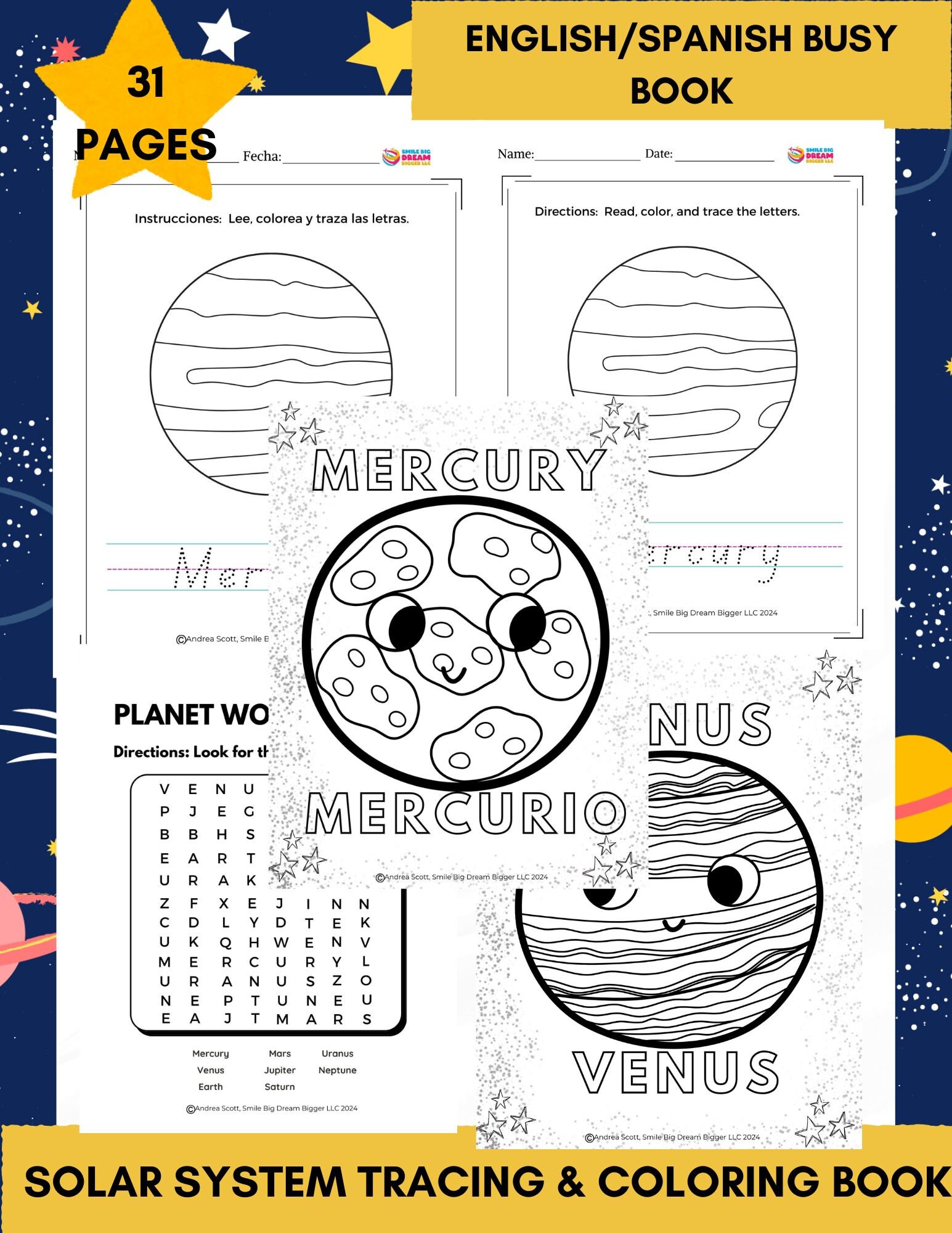 Solar System Coloring & Tracing Book | English/spanish Learning (PDF ...