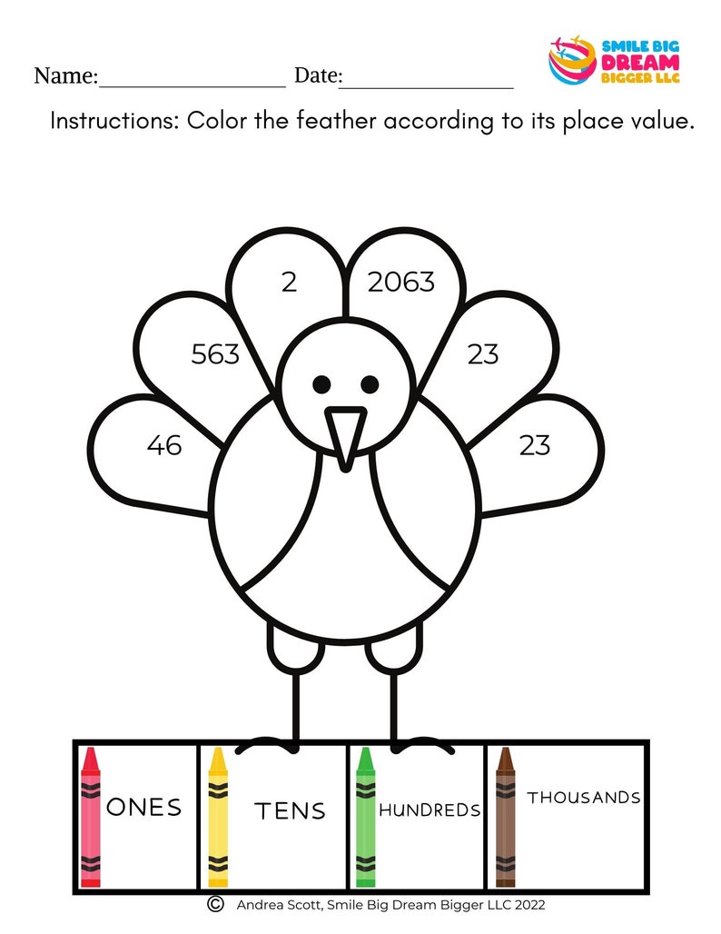 Thanksgiving Number Values Worksheet Coloring Math Worksheet Turkey ...