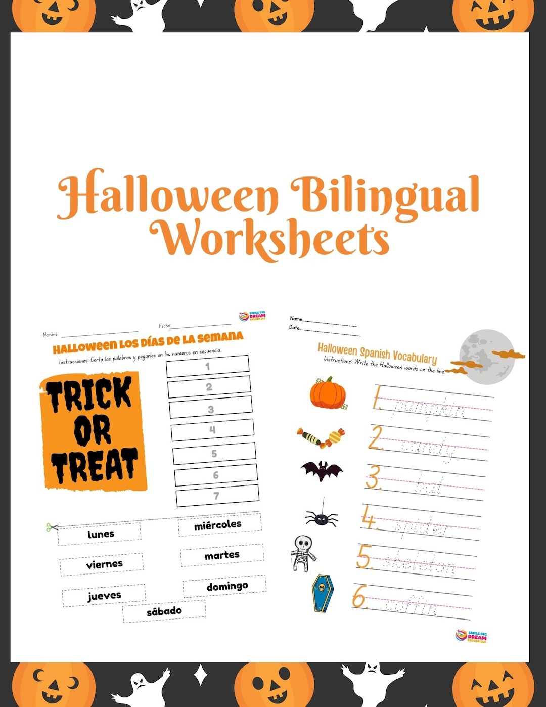 Halloween Bilingual Worksheets Cut and Paste Activities Fill in the ...