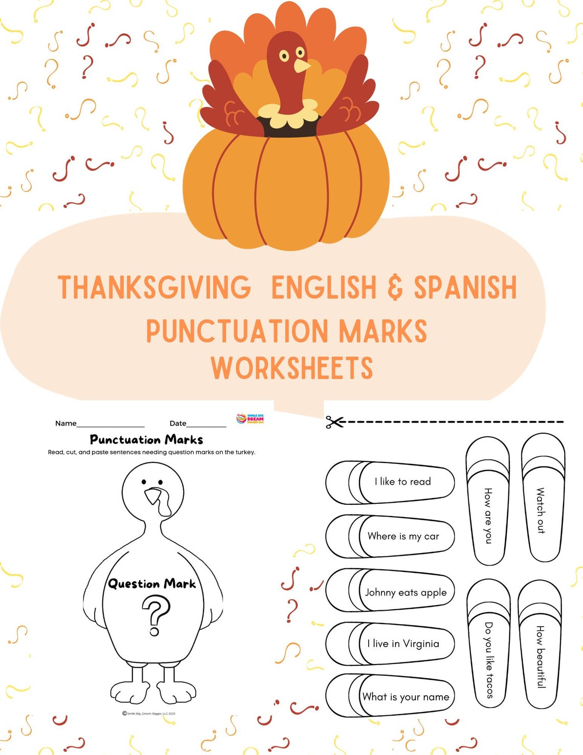 Thanksgiving English & Spanish Punctuation Marks Worksheet Cut and ...