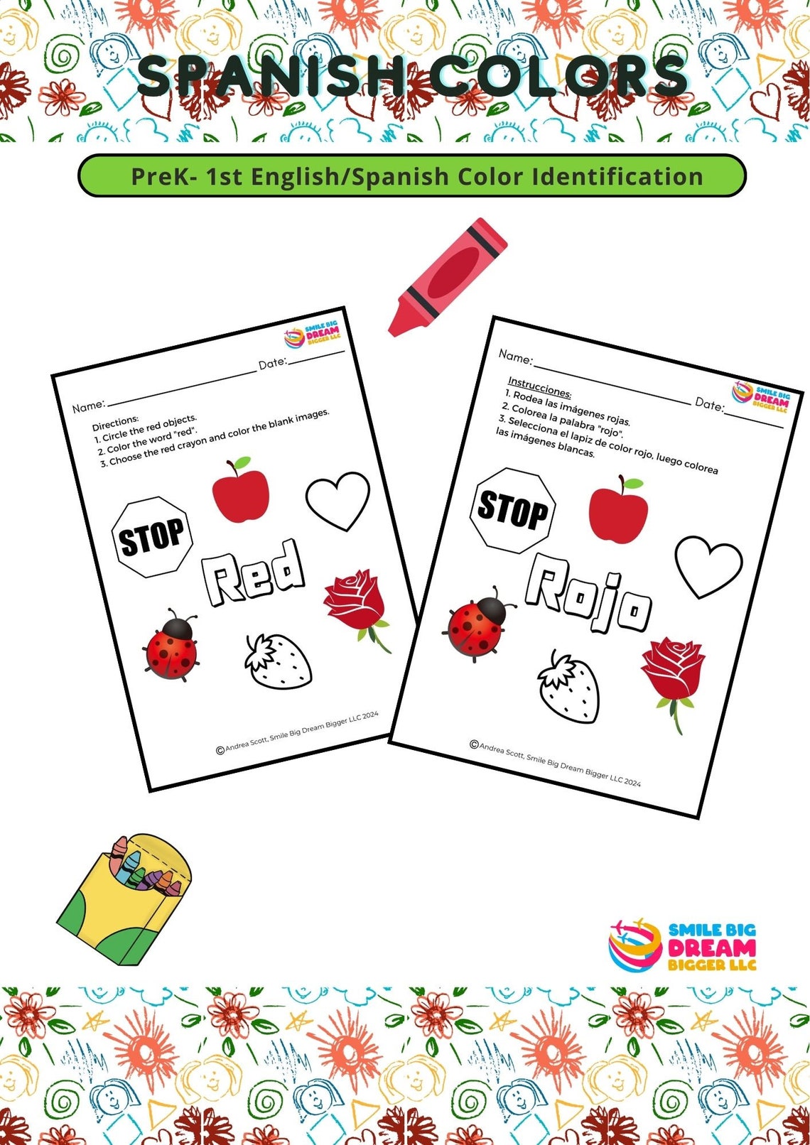 English/spanish Color Learning Worksheet – Prek-1st Grade (digital ...