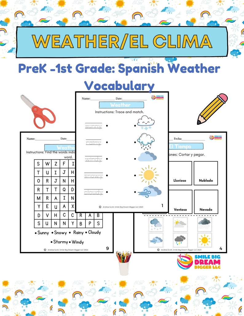 Prek-1st Grade: English and Spanish Weather Vocabulary - Matching ...