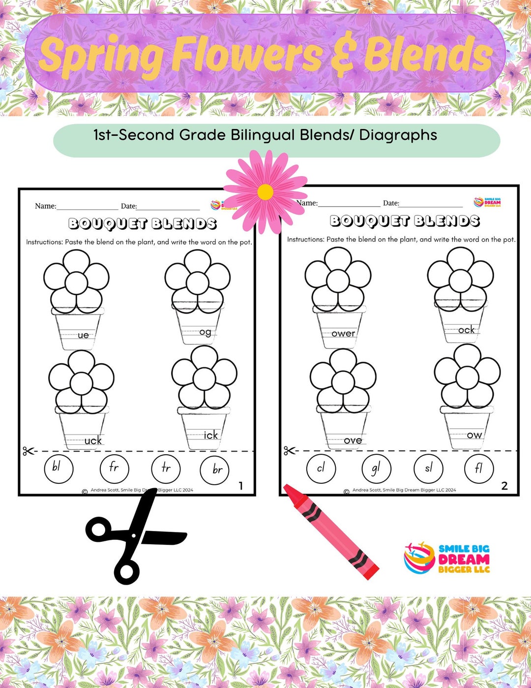 Spring Flowers & Blends Cut and Paste Phonics Activities Blends Crafts ...