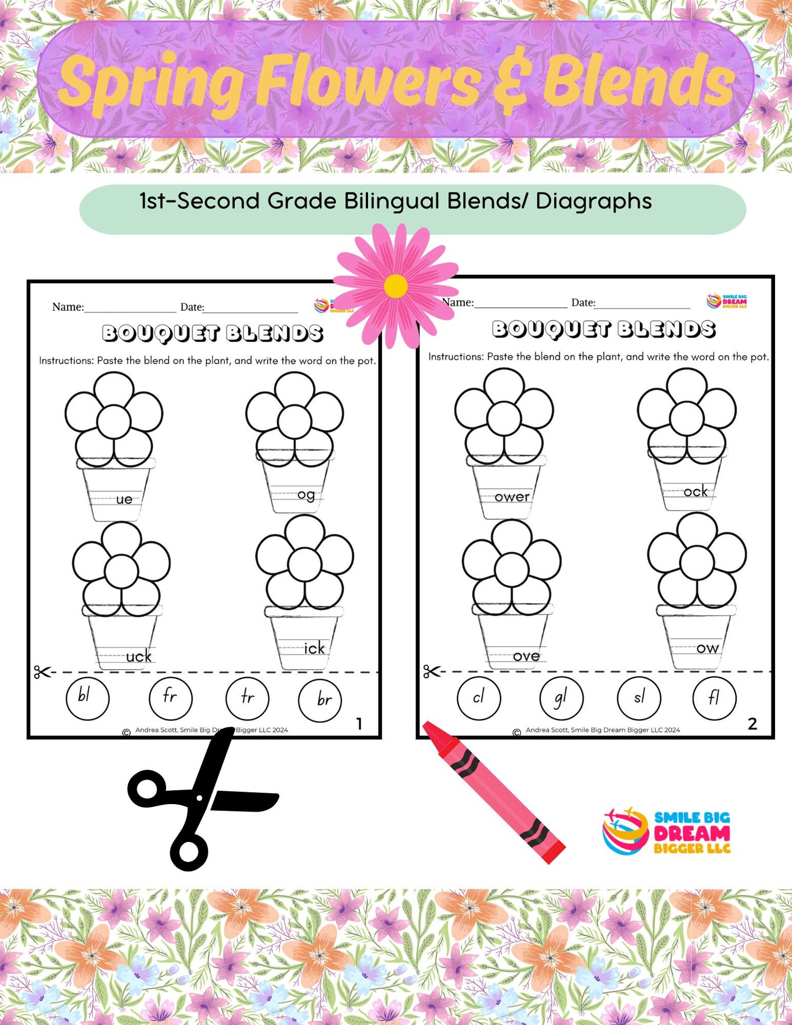 Spring Flowers & Blends Cut and Paste Phonics Activities Blends Crafts ...
