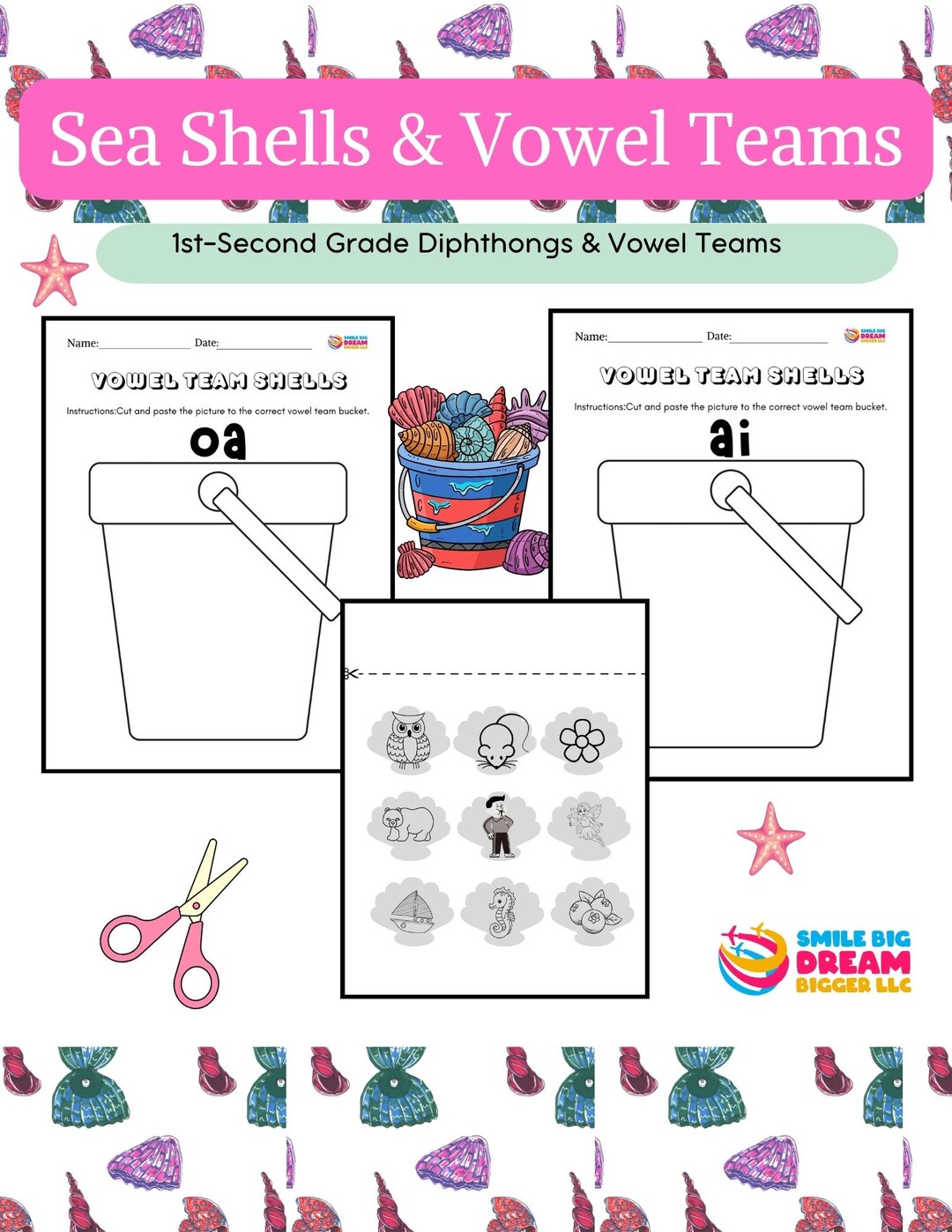 Sea Shells & Vowel Teams Phonics Learning 1st Grade 2nd Grade Cut and ...