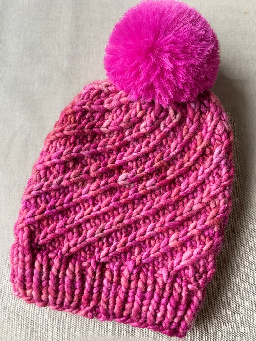 PINK Womens Merino Wool Hat/beanie, in Malabrigo, With Faux Fur Pom Pom ...
