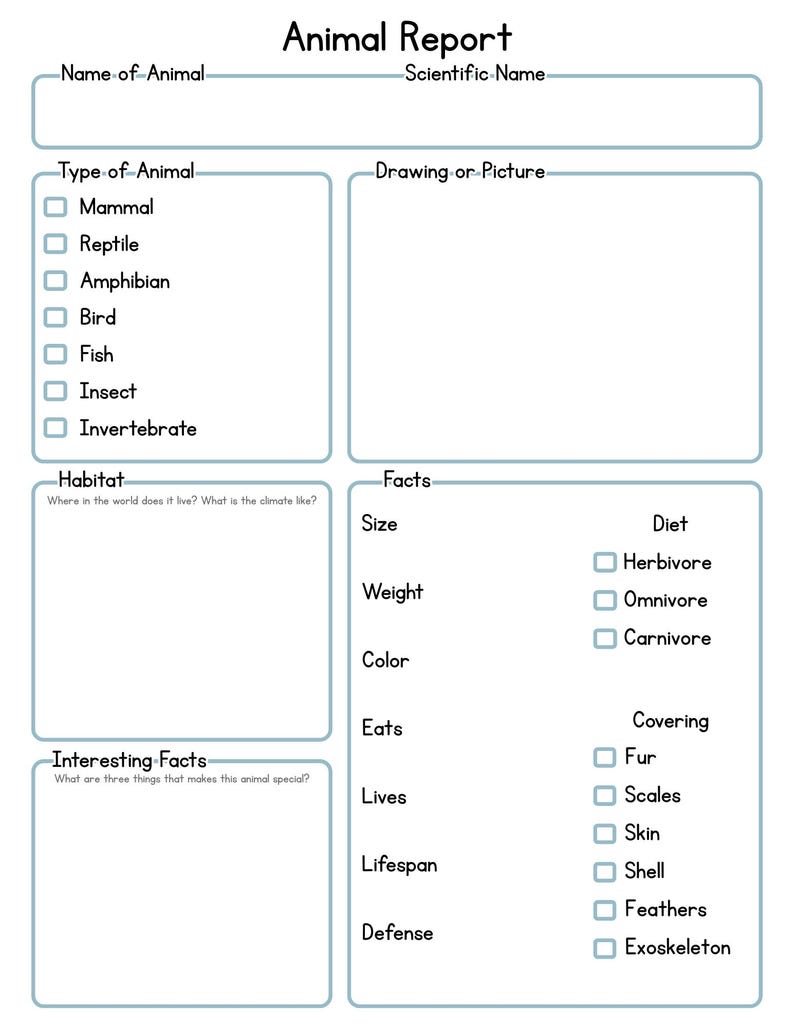 Animal Research Report Template | Homeschool Science Worksheet | Kids ...