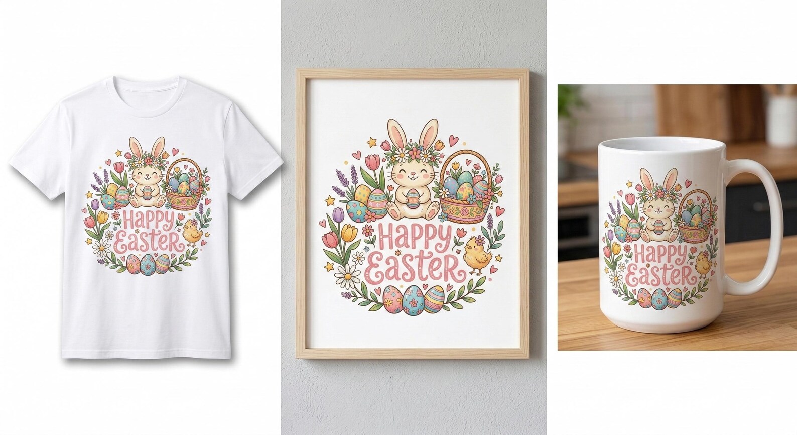 Happy Easter Bunny Chick PNG – Floral Eggs Clip Art (digital Download ...