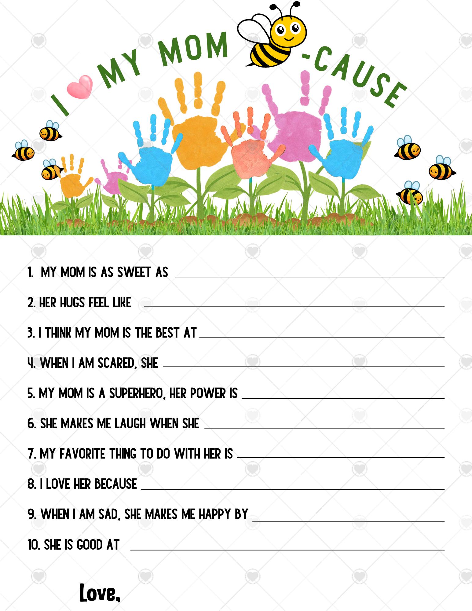 I Love My Mom Bee-cause | Printable Mother's Day Activity Worksheet ...