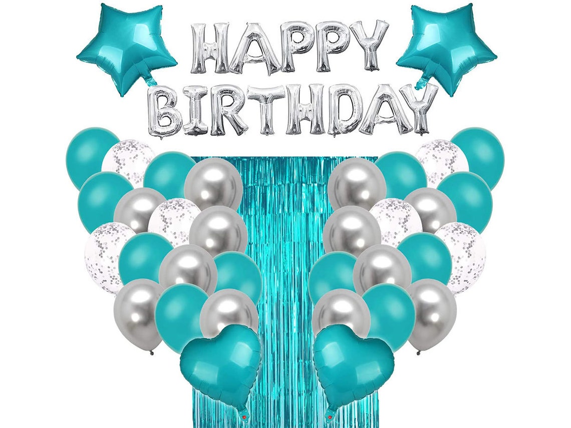 Turquoise Birthday Party Decorations Set With Silver Happy - Etsy