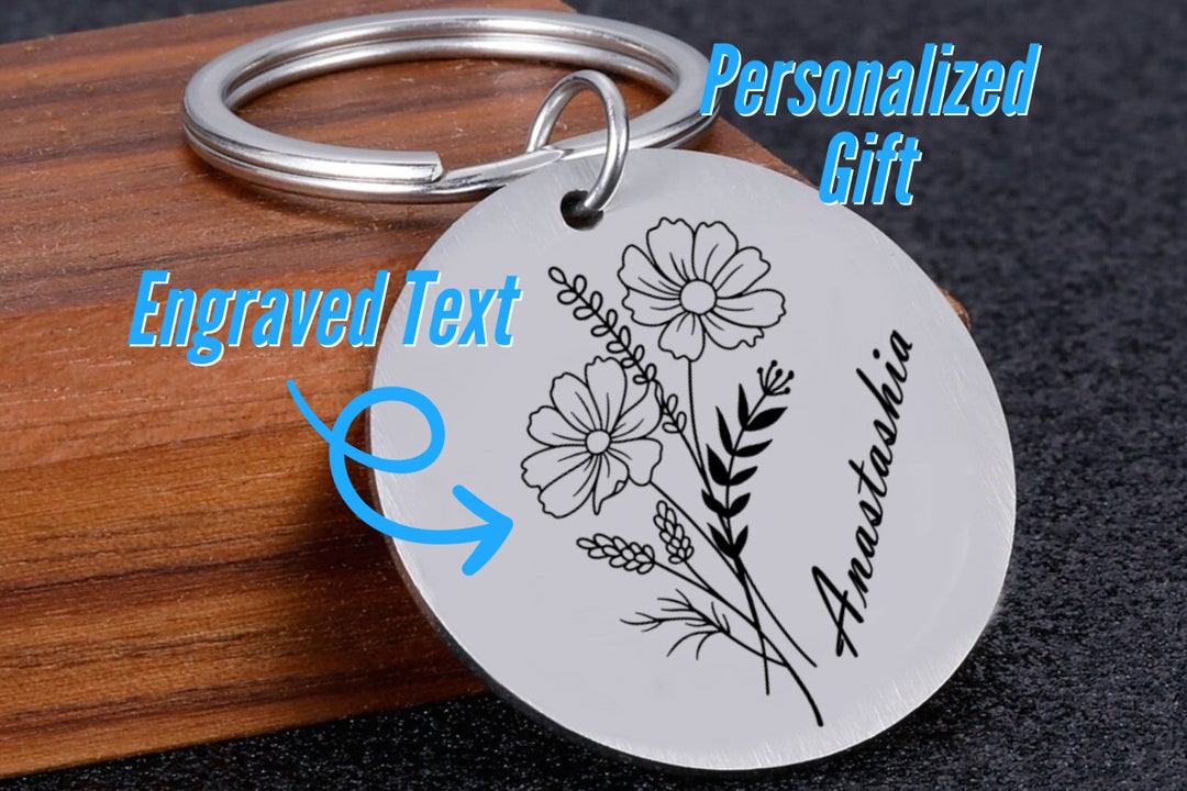 Personalized Birth Flower Keychain With Engraved Name for Valentine ...