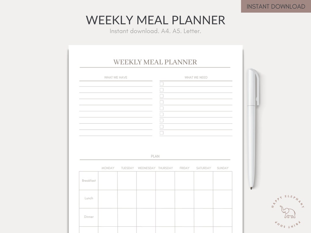 Printable Weekly Meal Planner Instant Download Simple A4, A5 & Letter ...