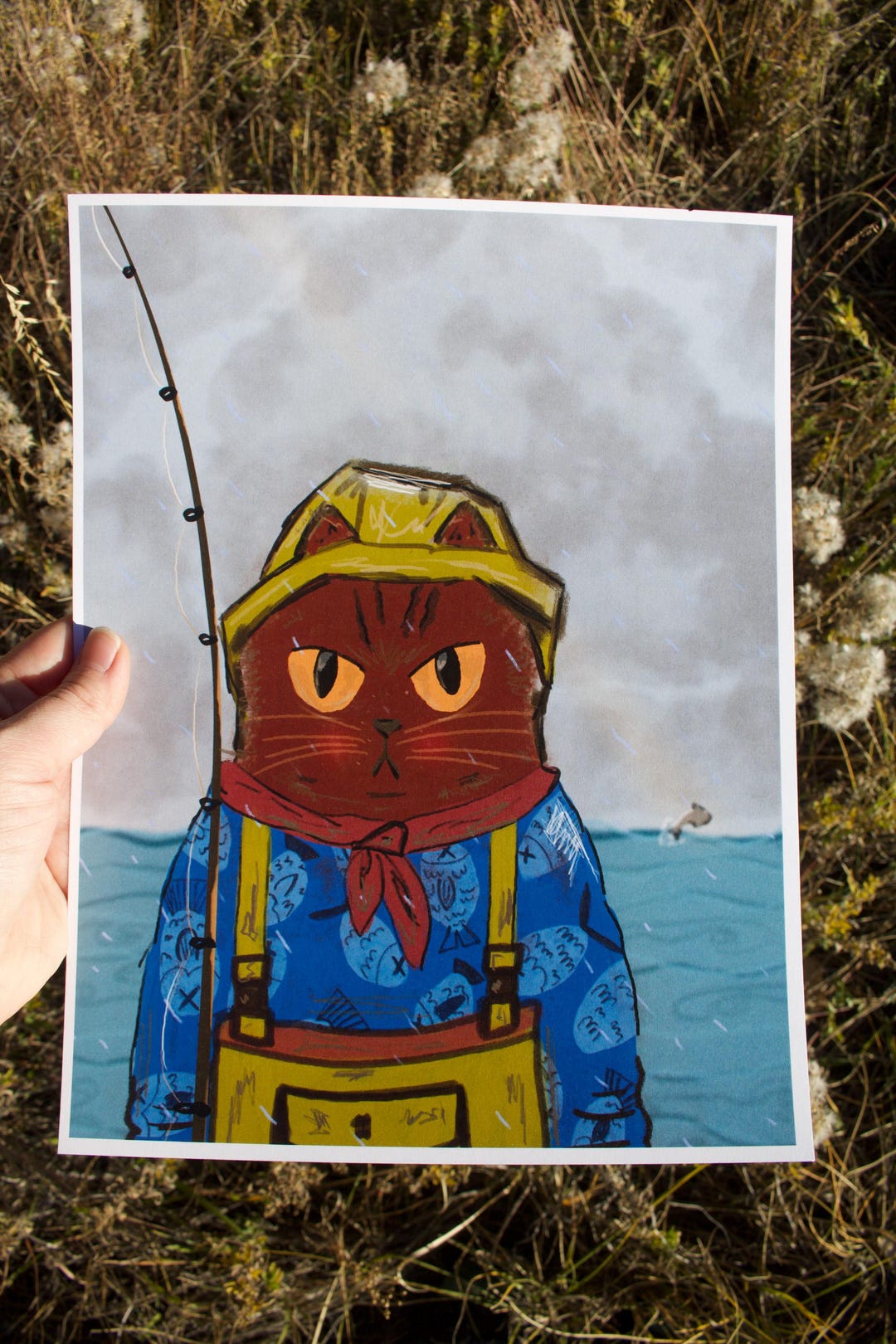 Fishing Cat Art Print, Cat Illustration Wall Art Funny Cat Print ...