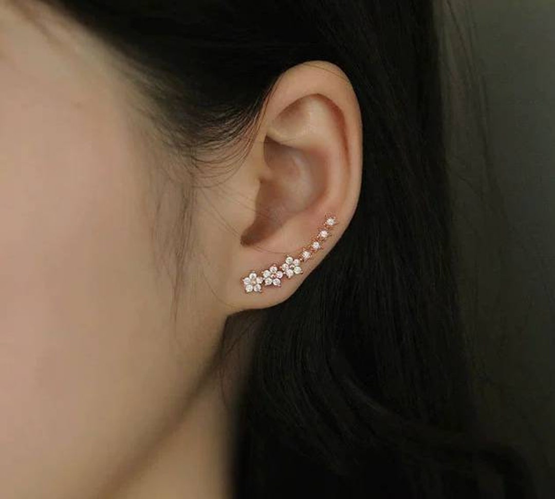 Rose Gold Flower Ear Climber Gold Plated Earrings Gemstone - Etsy