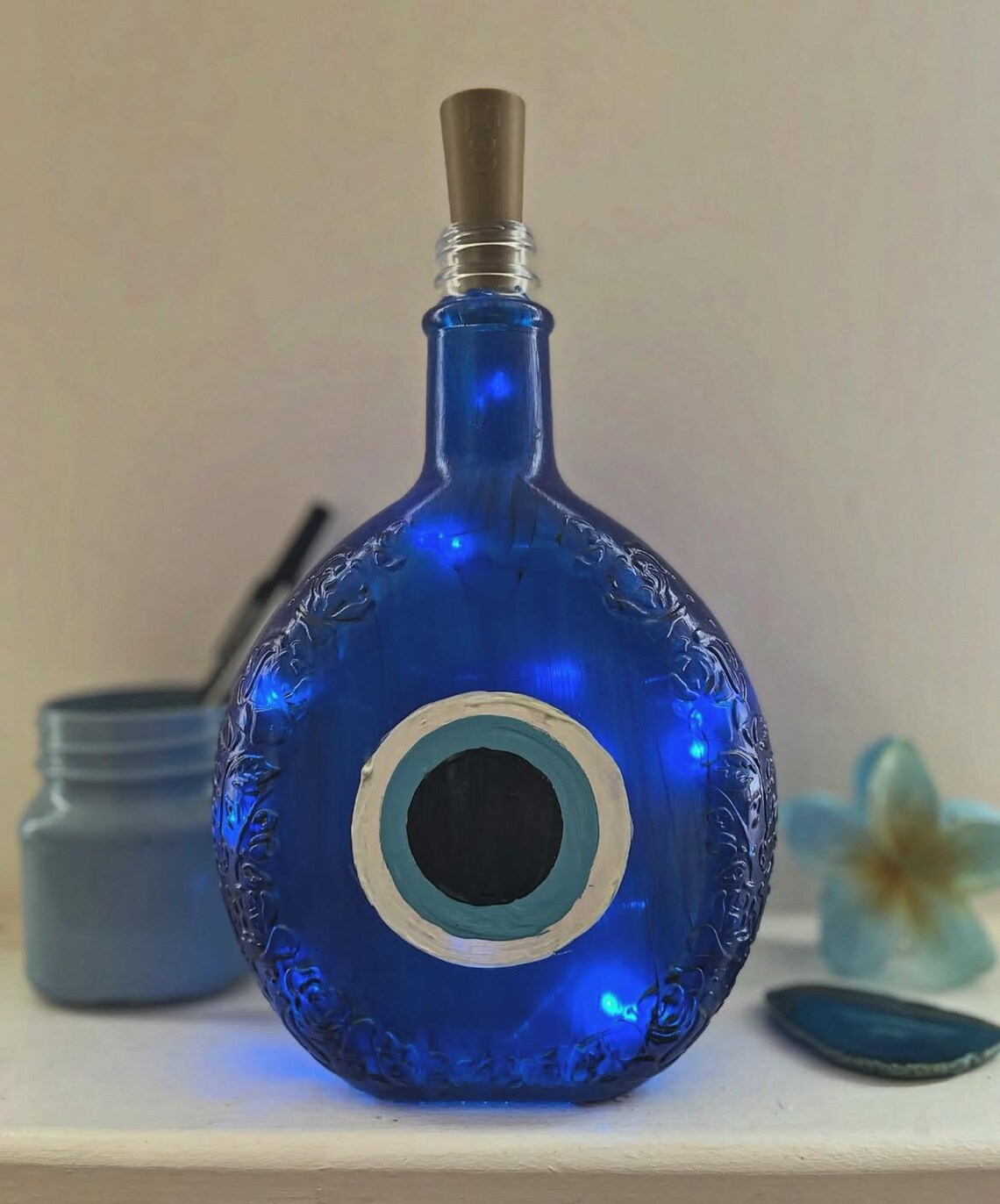 Evil Eye Upcycled Liquor Bottle Hand Painted (includes Cork LEDS) - Etsy