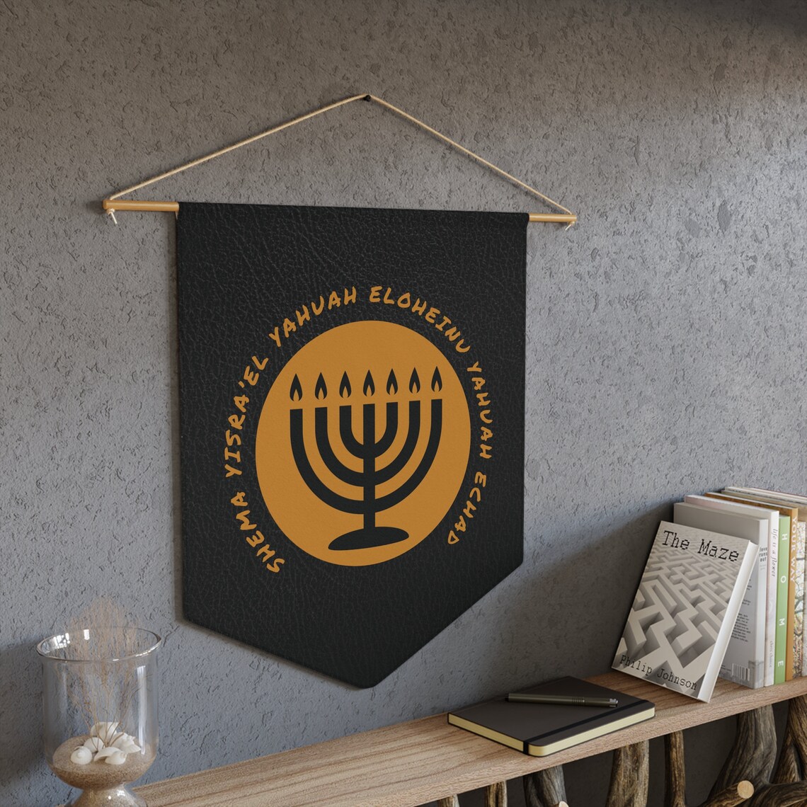 Menorah Shema Pennant Flag: Hebrew Wall Decor | Yisrael Wall Sign ...