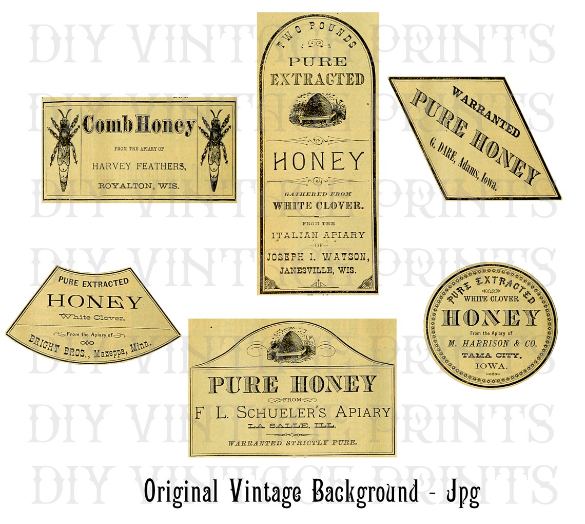 ANTIQUE HONEY LABELS, Victorian Ephemera, Printable Labels, Honeybee ...