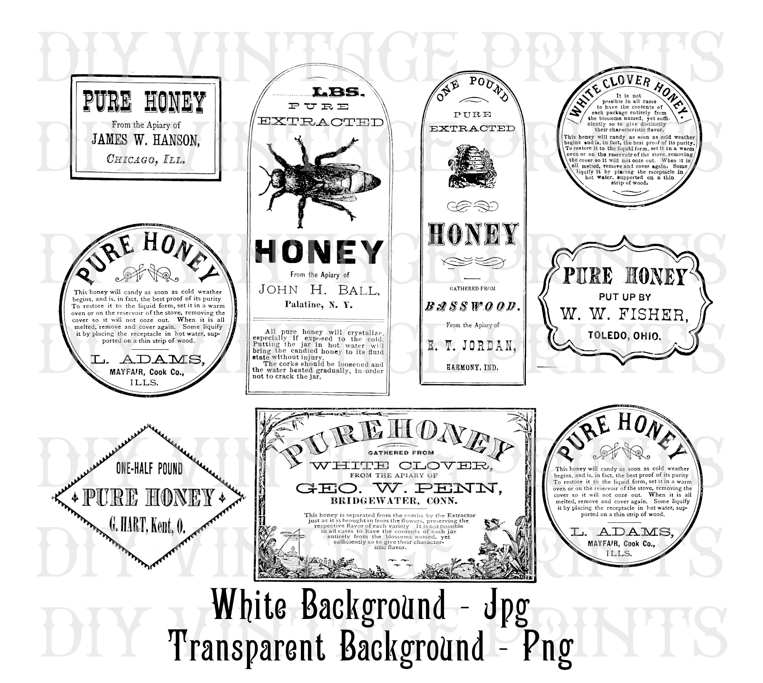 VINTAGE HONEY LABELS, Commercial Use, Bee Art, Honeycomb Art, Printable ...