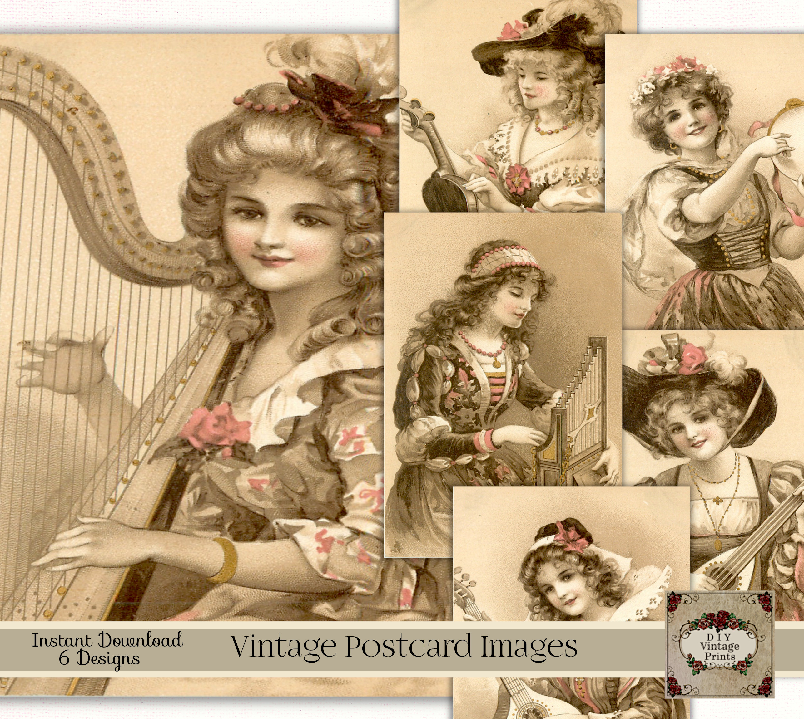 Victorian Musician Postcard Set: Hand-tinted Sepia Tone (digital ...
