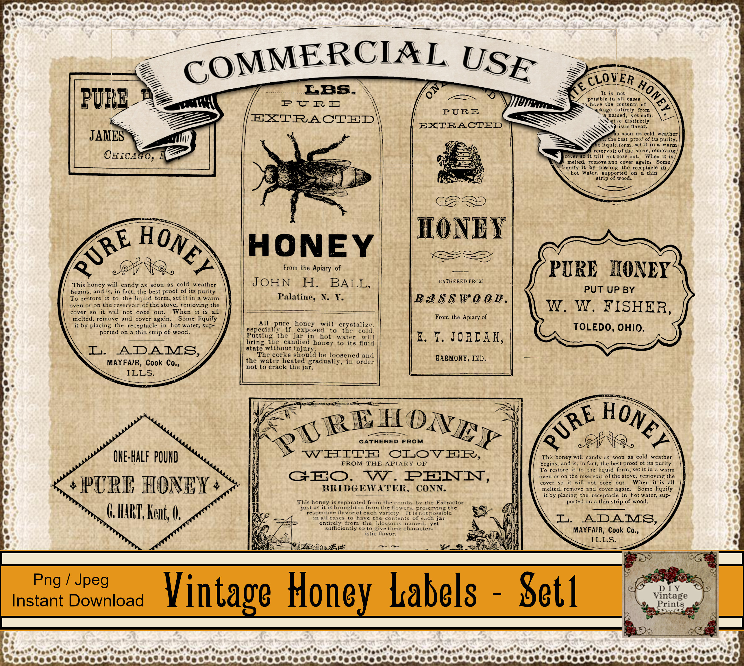 VINTAGE HONEY LABELS, Commercial Use, Bee Art, Honeycomb Art, Printable ...