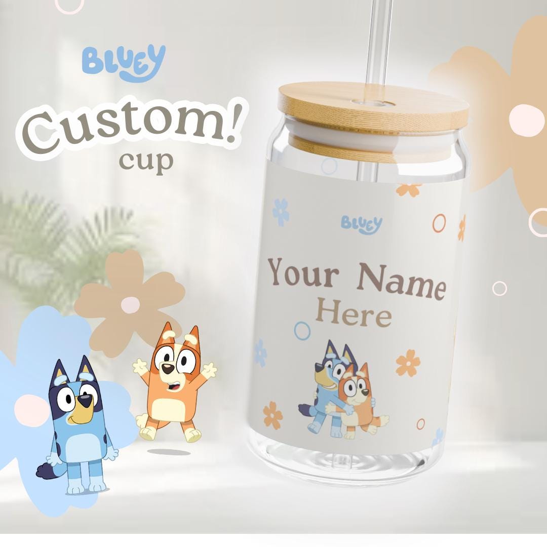 Preminum Custom Name Bluey Glass Drinking Cup, 16oz - Etsy