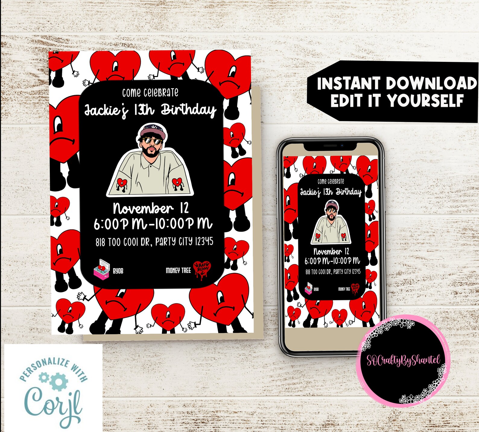 Bad Bunny Birthday Invitation, Digital Invite, Edit Yourself ...