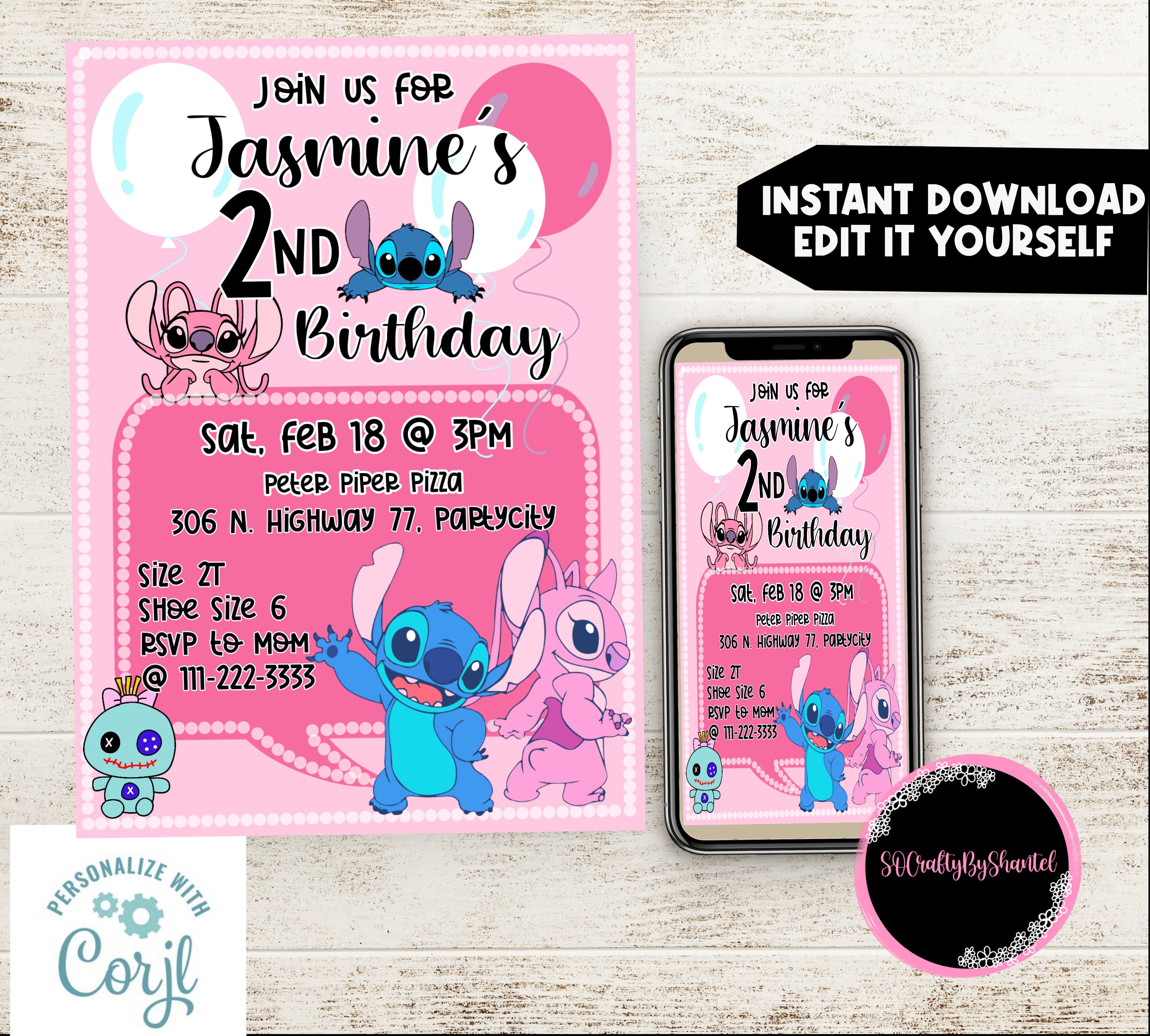 Stich and Angel Birthday Invitation, Editable Template, Ideas Girl ...
