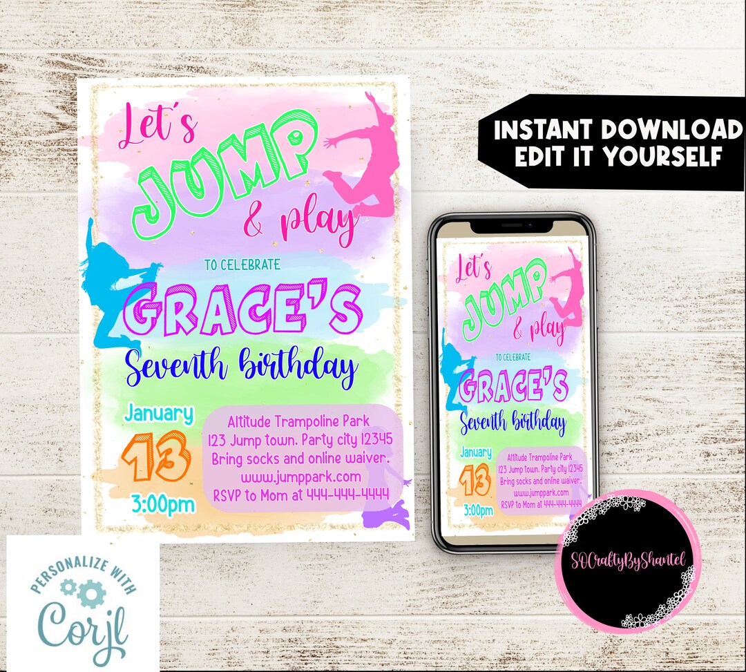 Pastel Jump Party, Birthday Invitation, Rainbow, Colorful Watercolor ...