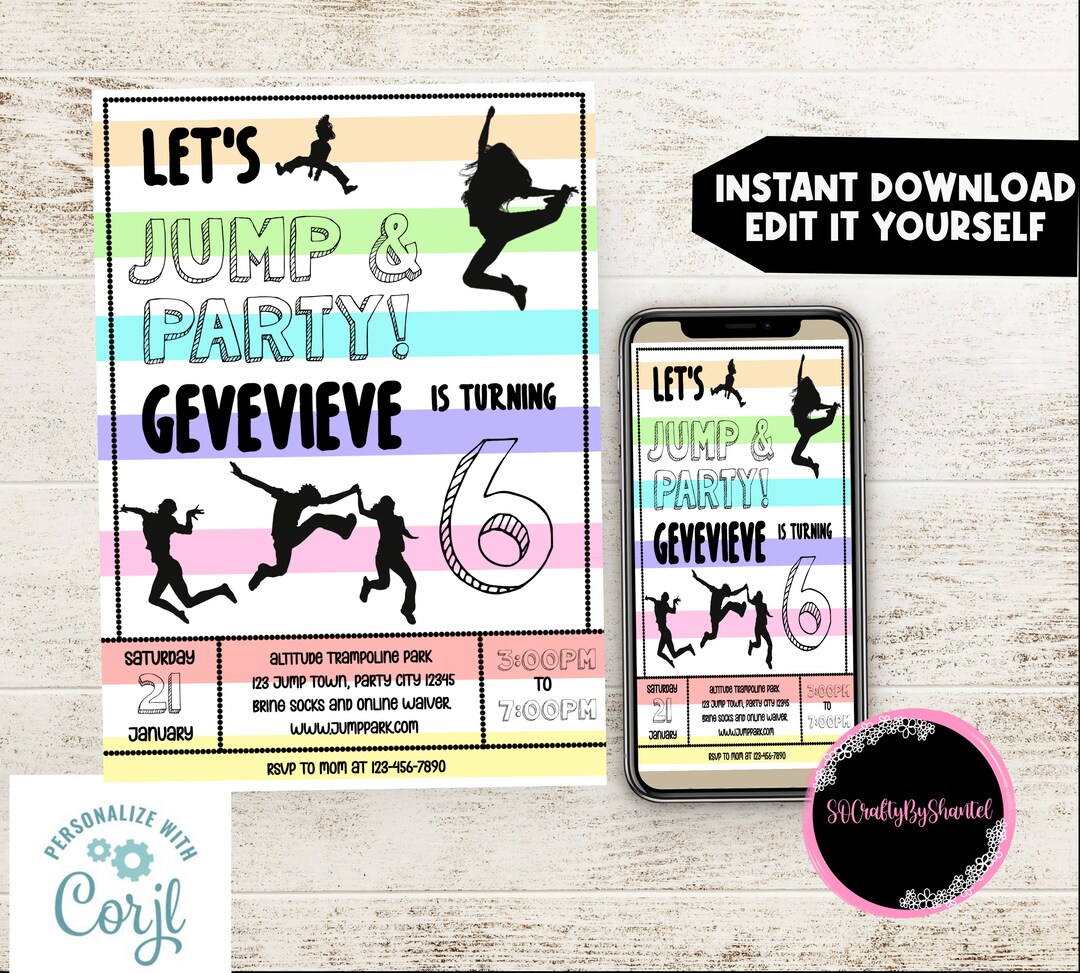 Pastel Jump Party, Birthday Invitation, Stripe, Rainbow, Colorful ...