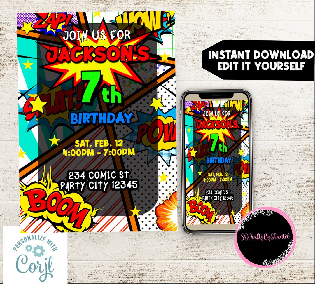 Comic Themed Birthday Invitation, Instant Download, Template ...