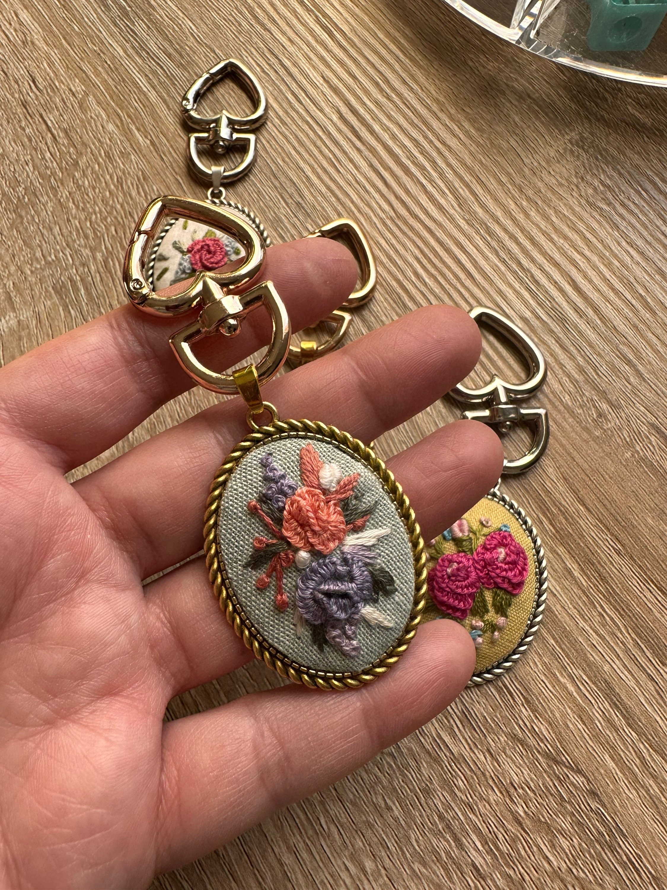 Hand Embroidered Keychain With Heart Shaped Clips - Etsy