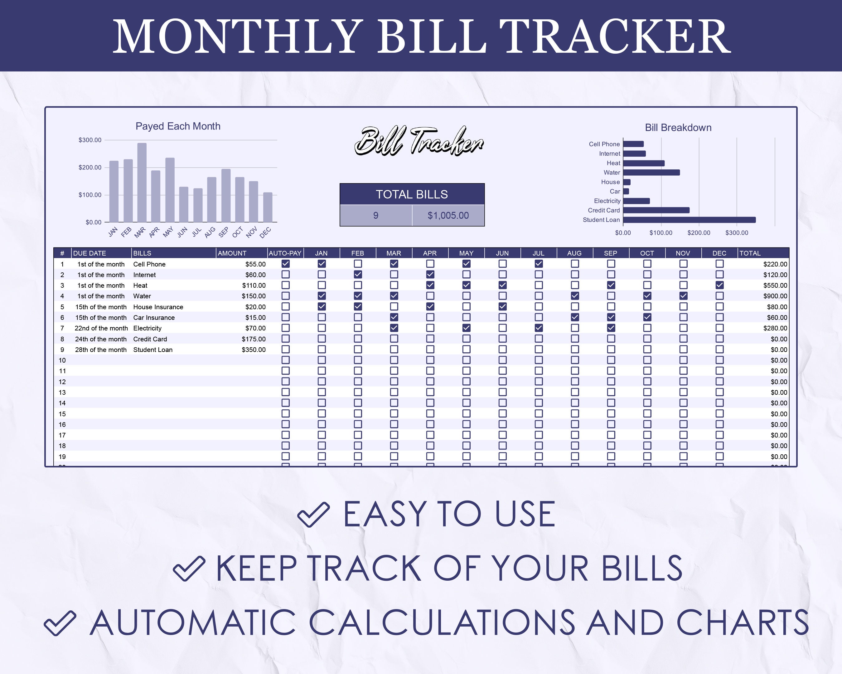 Bill Tracker Spreadsheet, Google Sheets Bill Tracking Template, Monthly ...