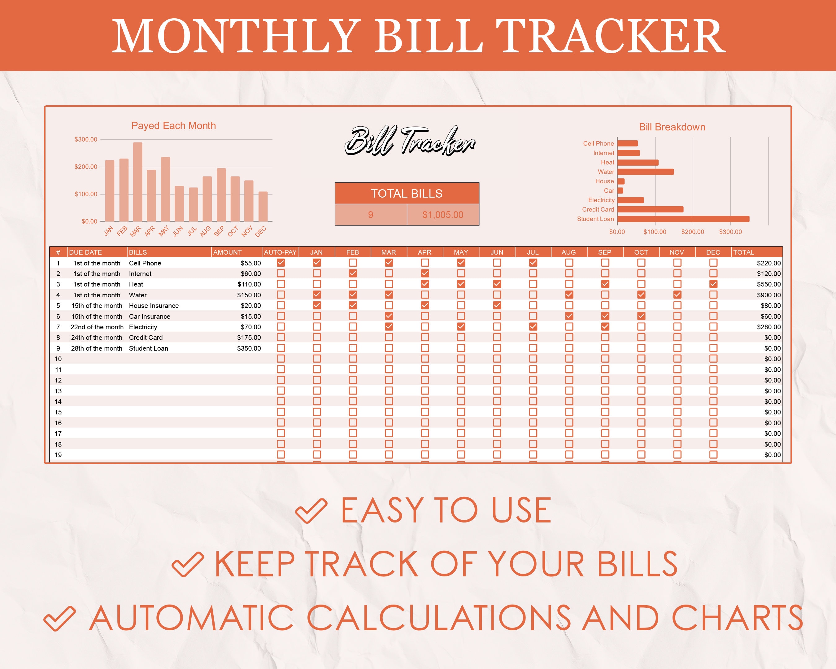 Bill Tracker Spreadsheet, Google Sheets Bill Tracking Template, Monthly ...