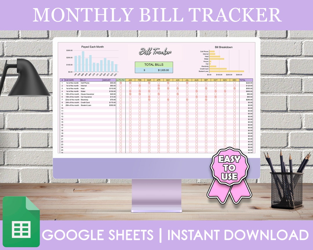 Bill Tracker Spreadsheet, Google Sheets Bill Tracking Template, Monthly ...