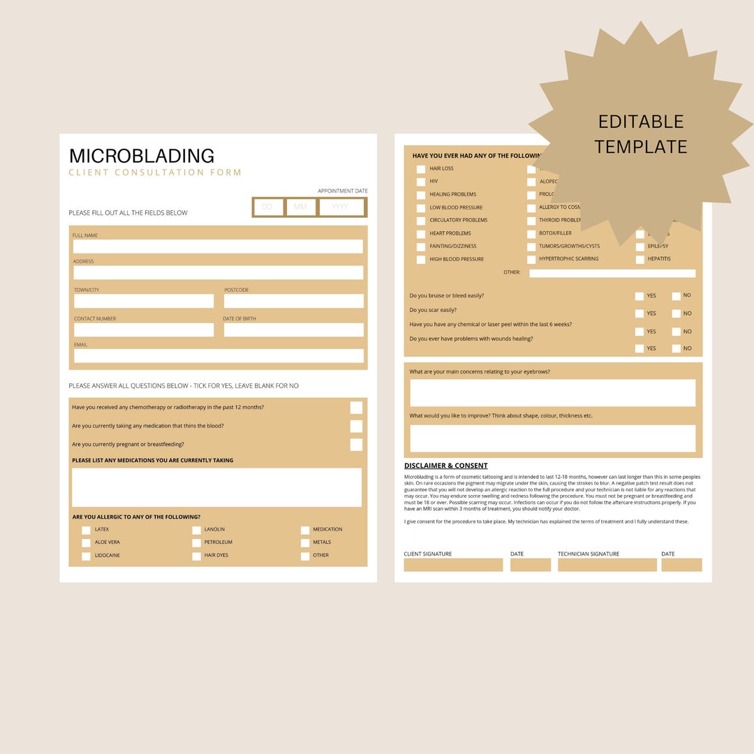 Editable Microblading Consultation Form SPMU Nanoblading Gold/yellow - Etsy