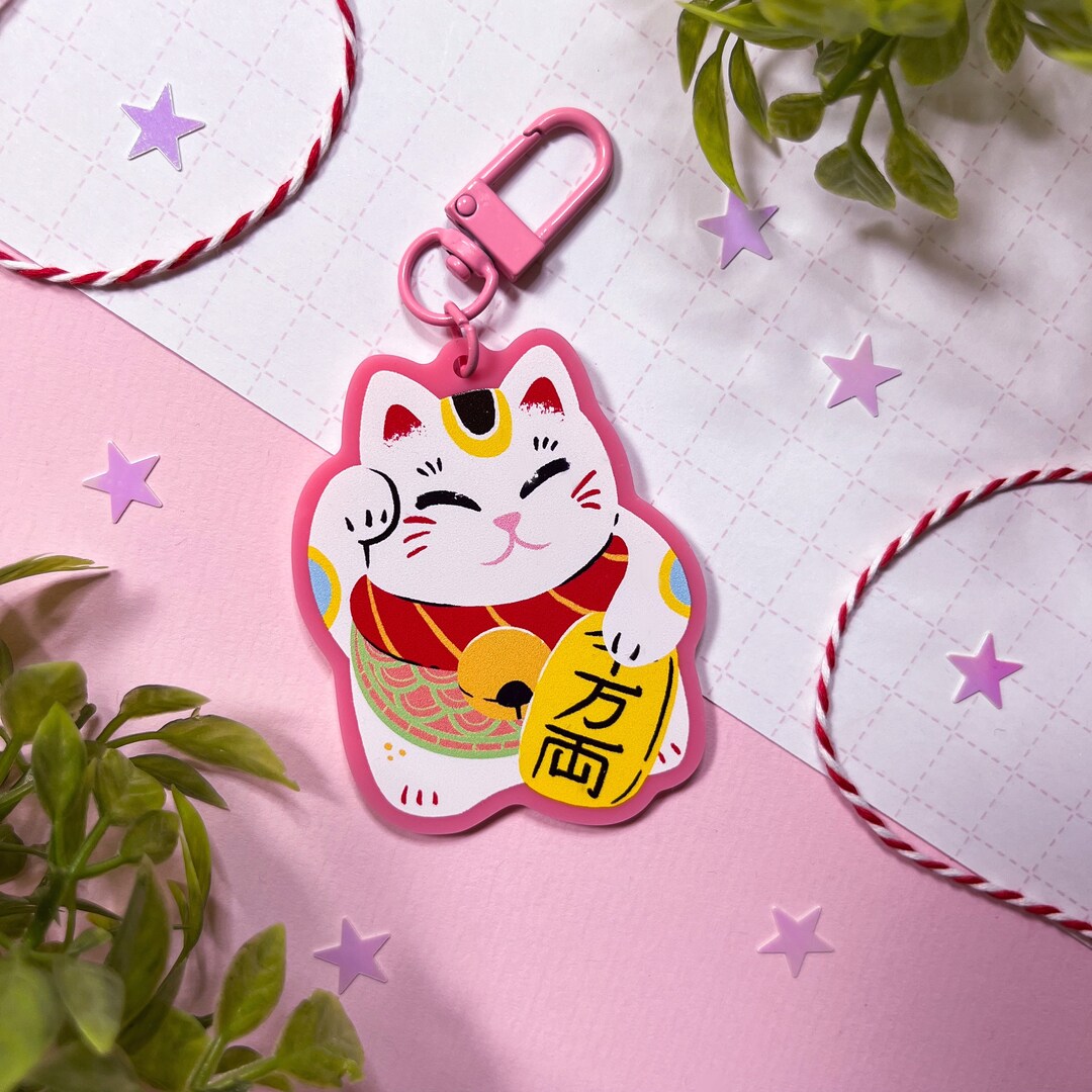 Pink Lucky Cat Acrylic Keychain I Keychain I Pink Solid I Single Sided ...