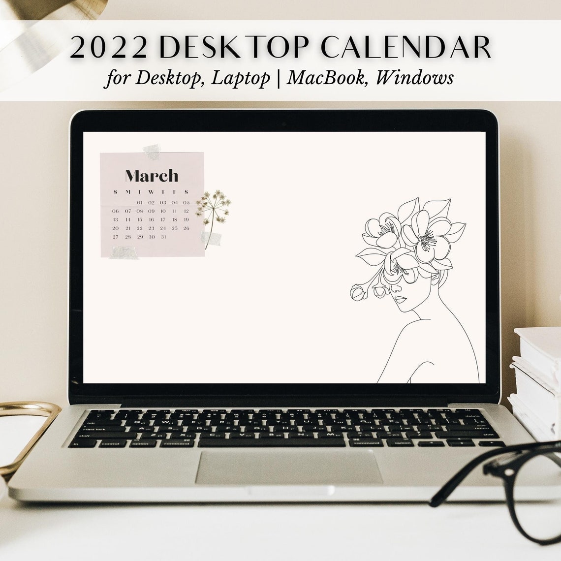 Aesthetic Desktop Wallpaper, 12 Month, 2022, Warm Neutral Boho Calendar ...