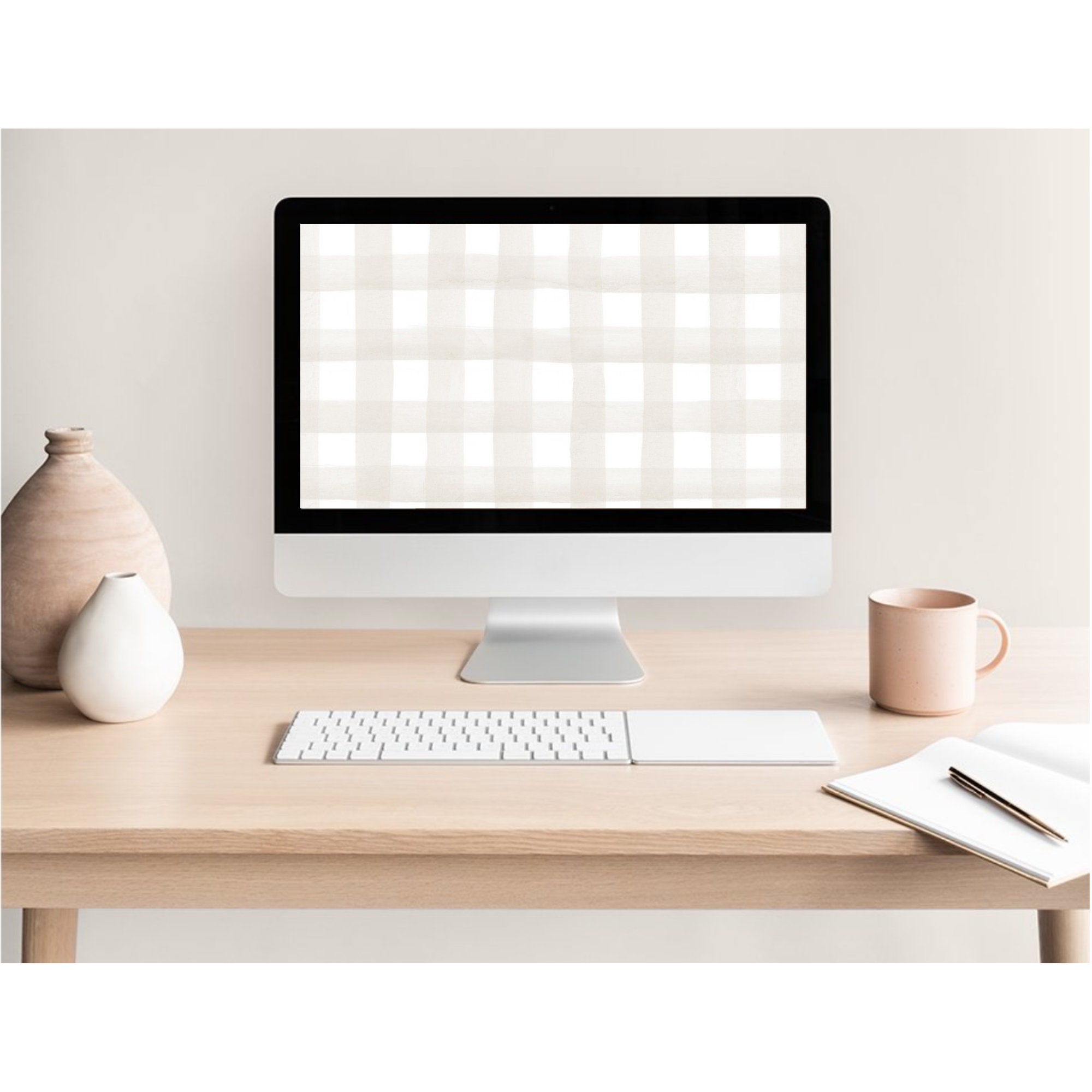 Aesthetic Desktop Wallpaper, Neutral Watercolor Gingham Minimalist ...