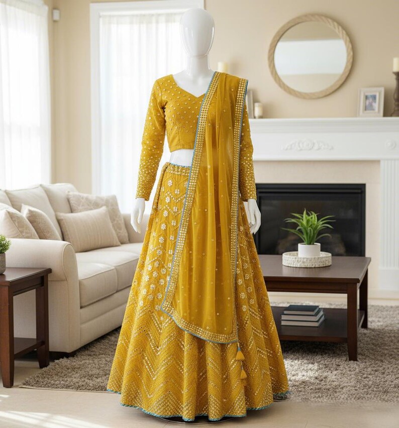 Yellow Mirror Work Lehenga Choli | Embroidered Indian Haldi Dress - Etsy