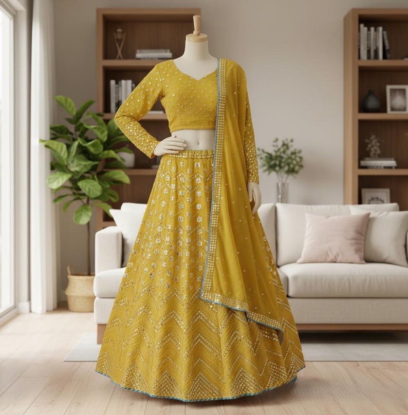 Yellow Mirror Work Lehenga Choli | Embroidered Indian Haldi Dress - Etsy