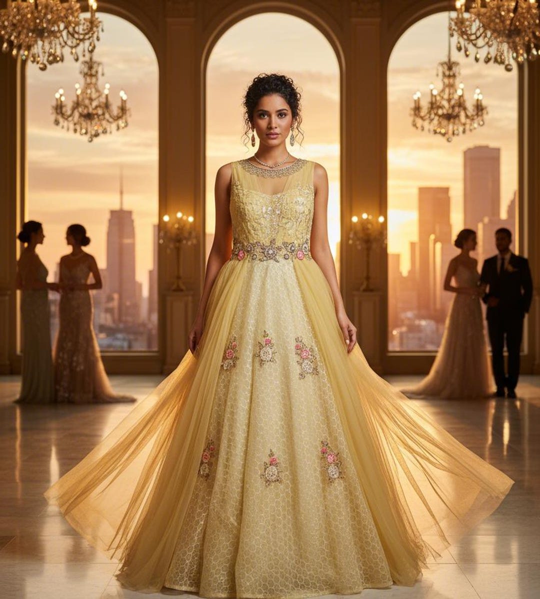 Golden Tulle Anarkali Gown | Embroidered Floral Party Dress - Etsy