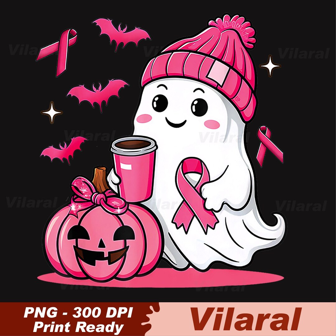 Cute Ghost Drinking Coffee Halloween Breast-cancer-awareness Png ...