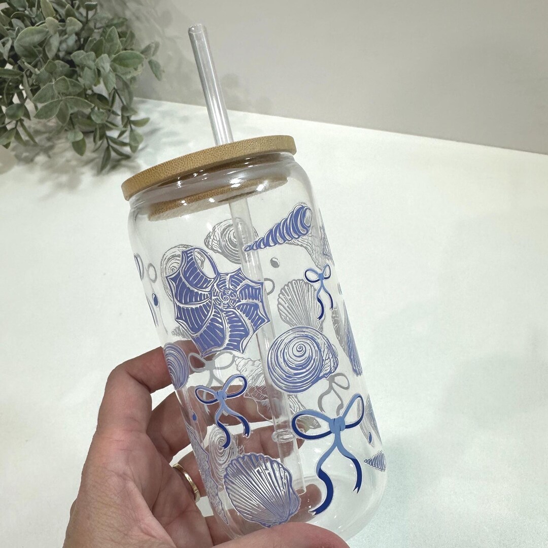 Blue Coquette Seashell Glass Tumbler Cup-coastal Beachy Cup-summer Iced ...