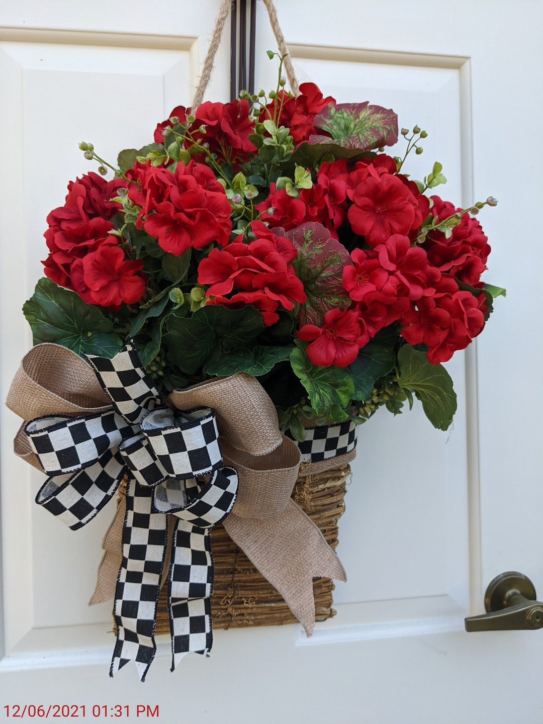 Basket of Red Geraniums, Door Basket, Wall Basket, Porch Basket ...